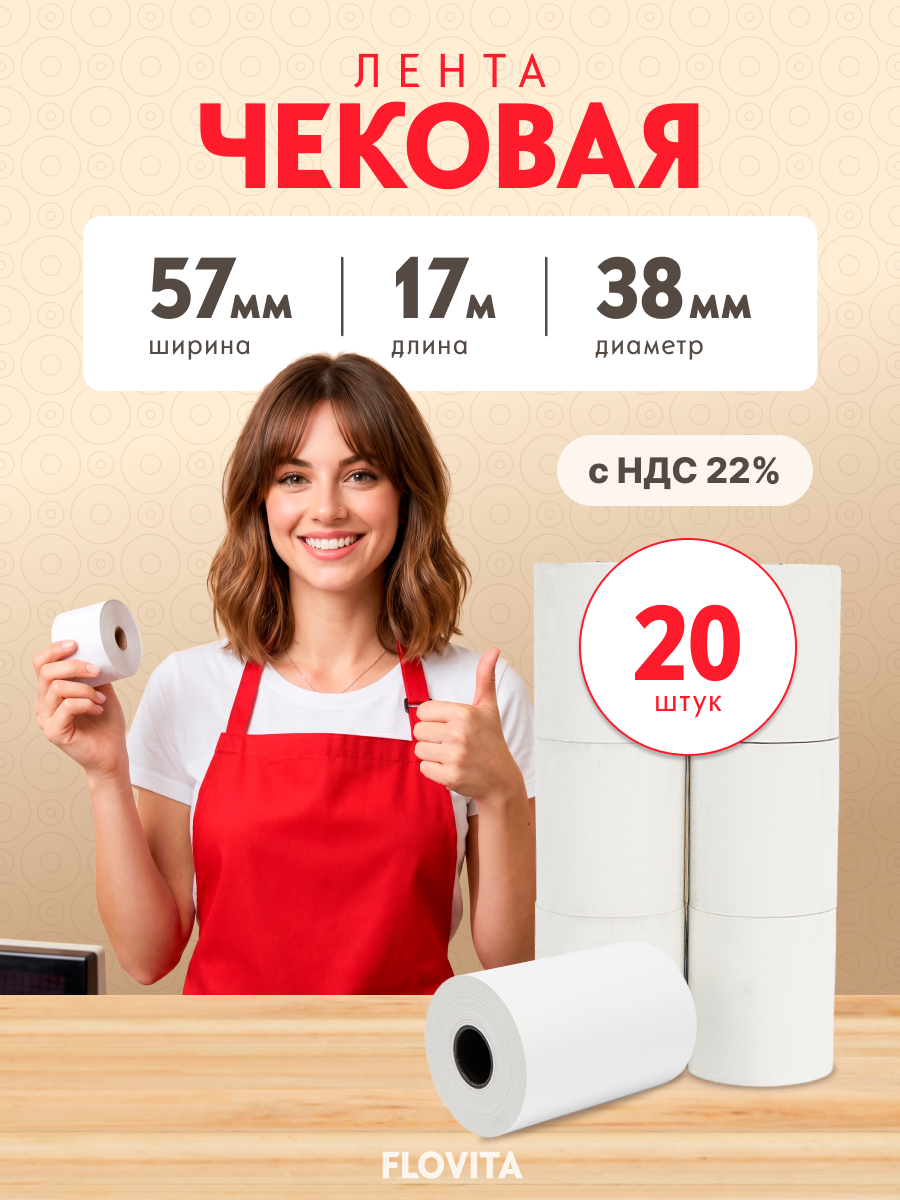 Лента кассовая Flovita, матовая, белая, 57 мм x 17 м, упаковка 20 шт.