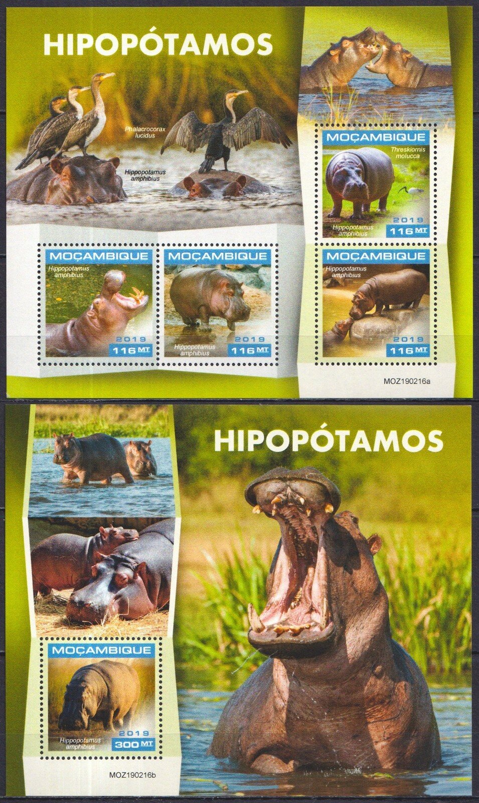 Марки 2019 год Мозамбик Бегемоты Птицы Животные Фауна #10172-175+Bl1470 Mnh