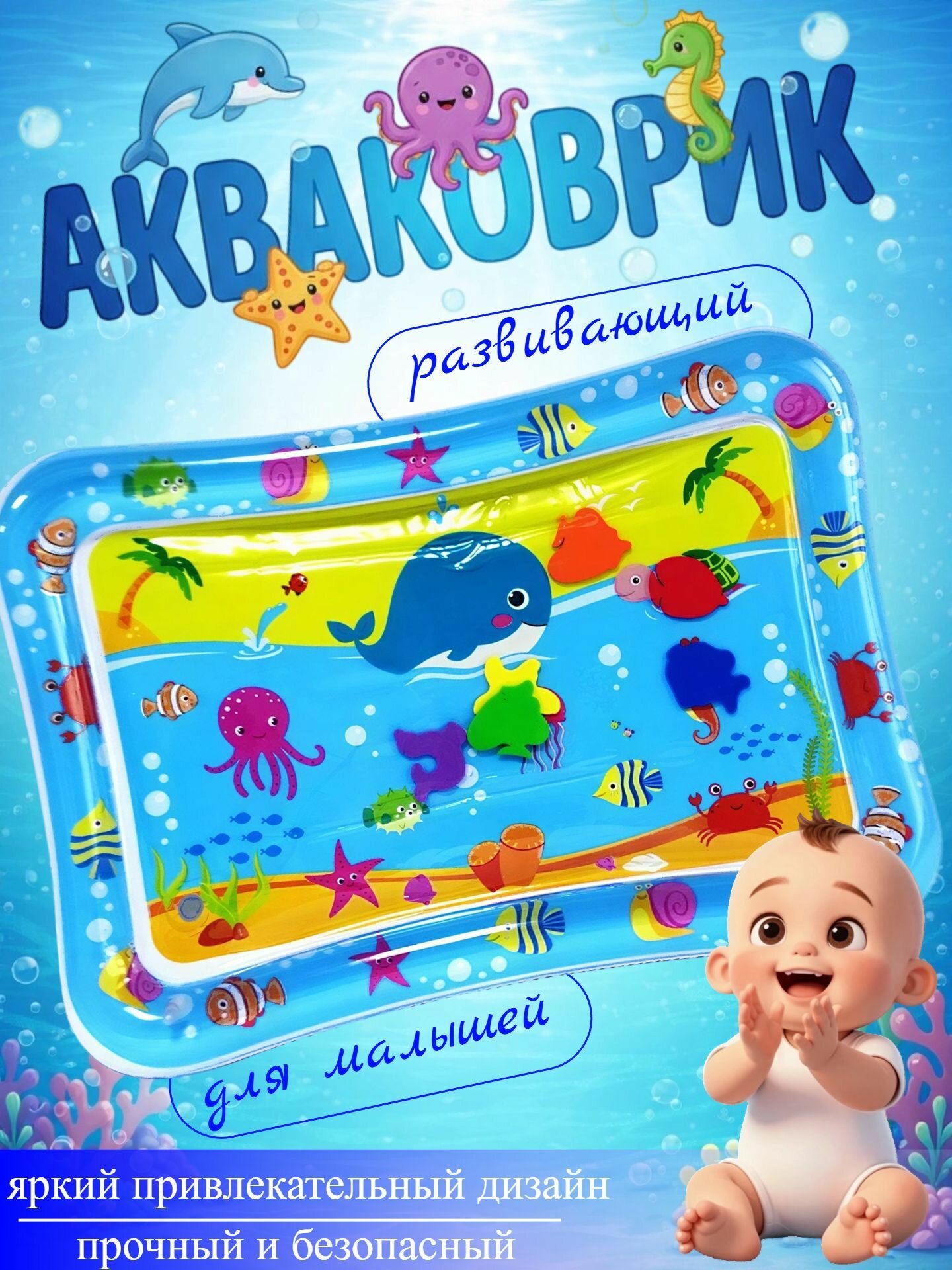 Детский развивающий водный коврик/надувной акваковрик для малышей Синий Кит