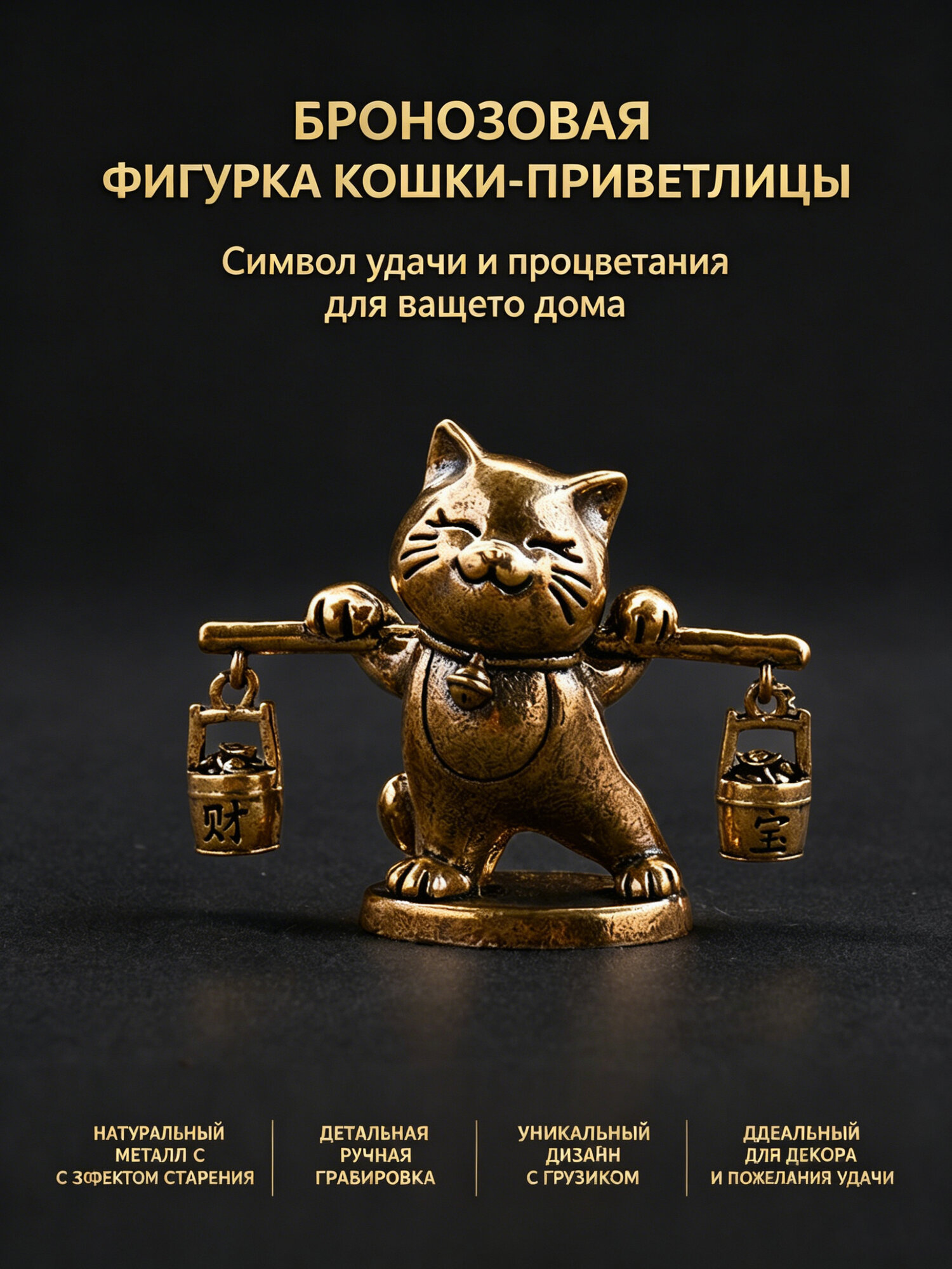 Статуэтка Кошка-сокровище, высота 3.8 см, длина 4.3 см маленькая миниатюрная декоративная
