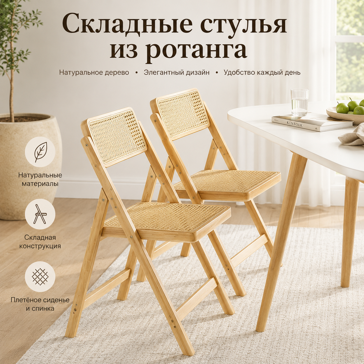 Стул складной, бамбуковый, скандинавский, темно-бежевый, без подлокотников