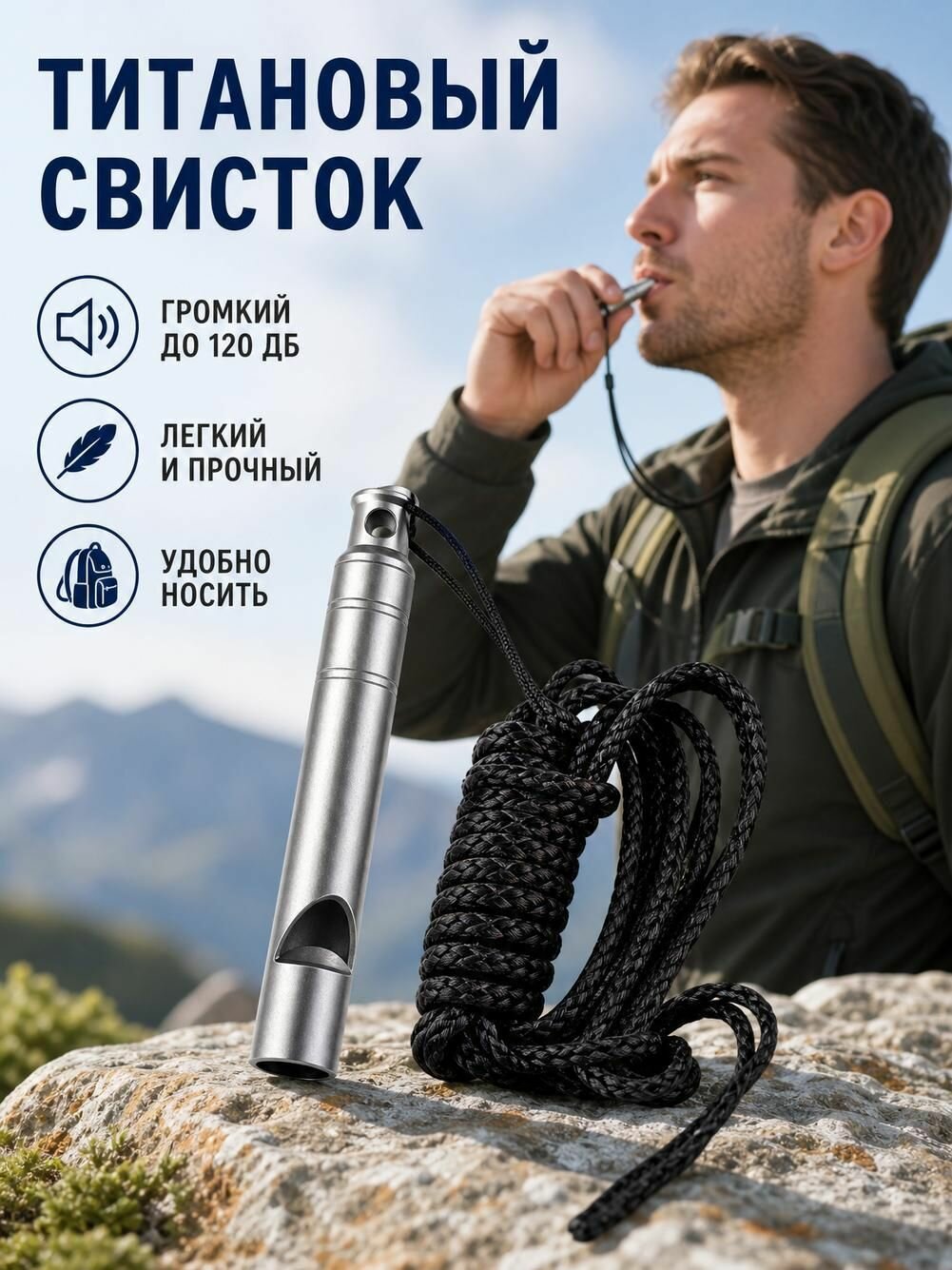 Свисток громкий алюминиевый серебристый с нейлоновым шнуром для охоты и рыбалки
