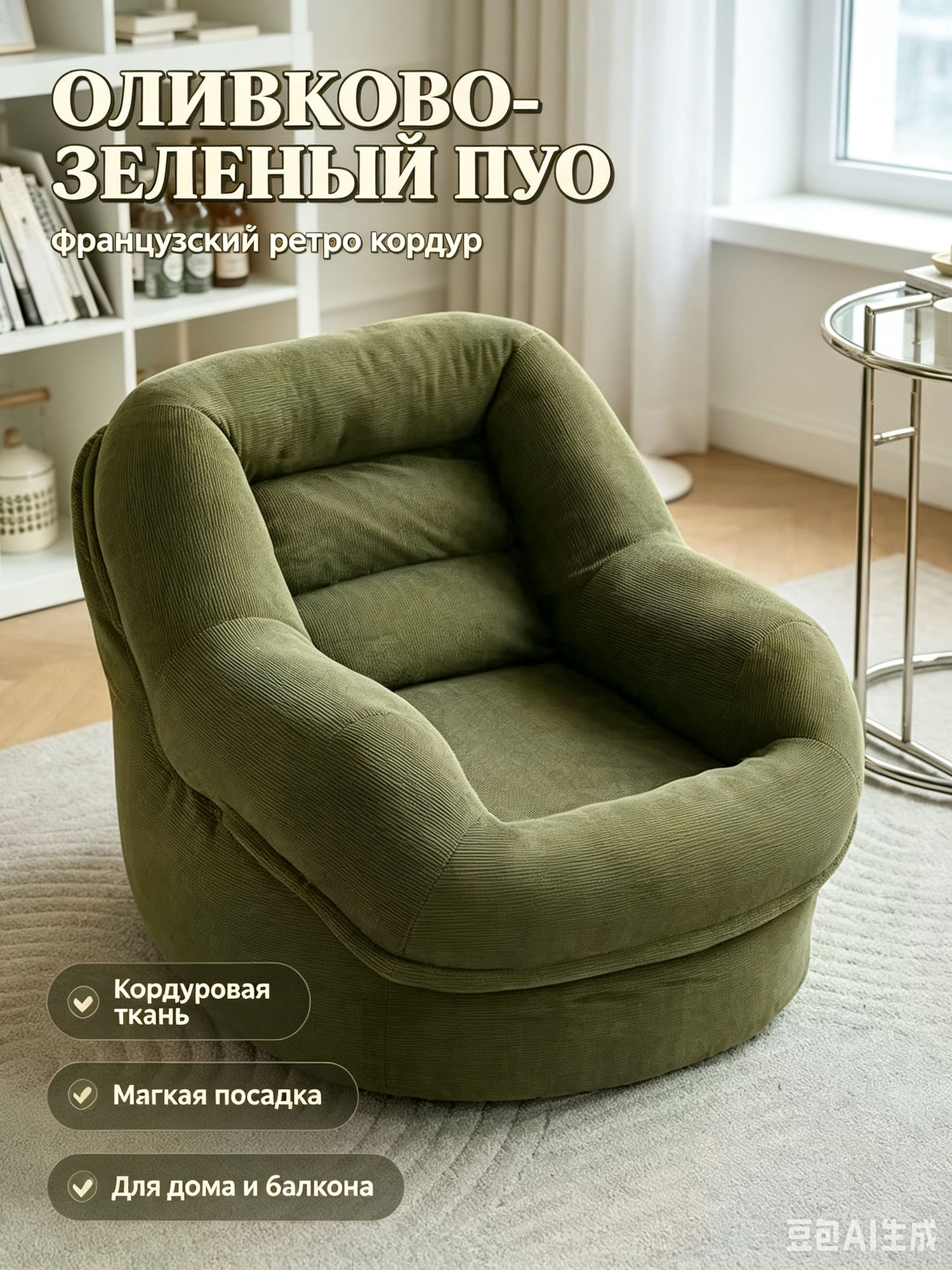 Одноместный кордуровый пуф-кресло-мешок французский ретро оливково-зелёный 72х65х65 см для гостиной, спальни, балкона