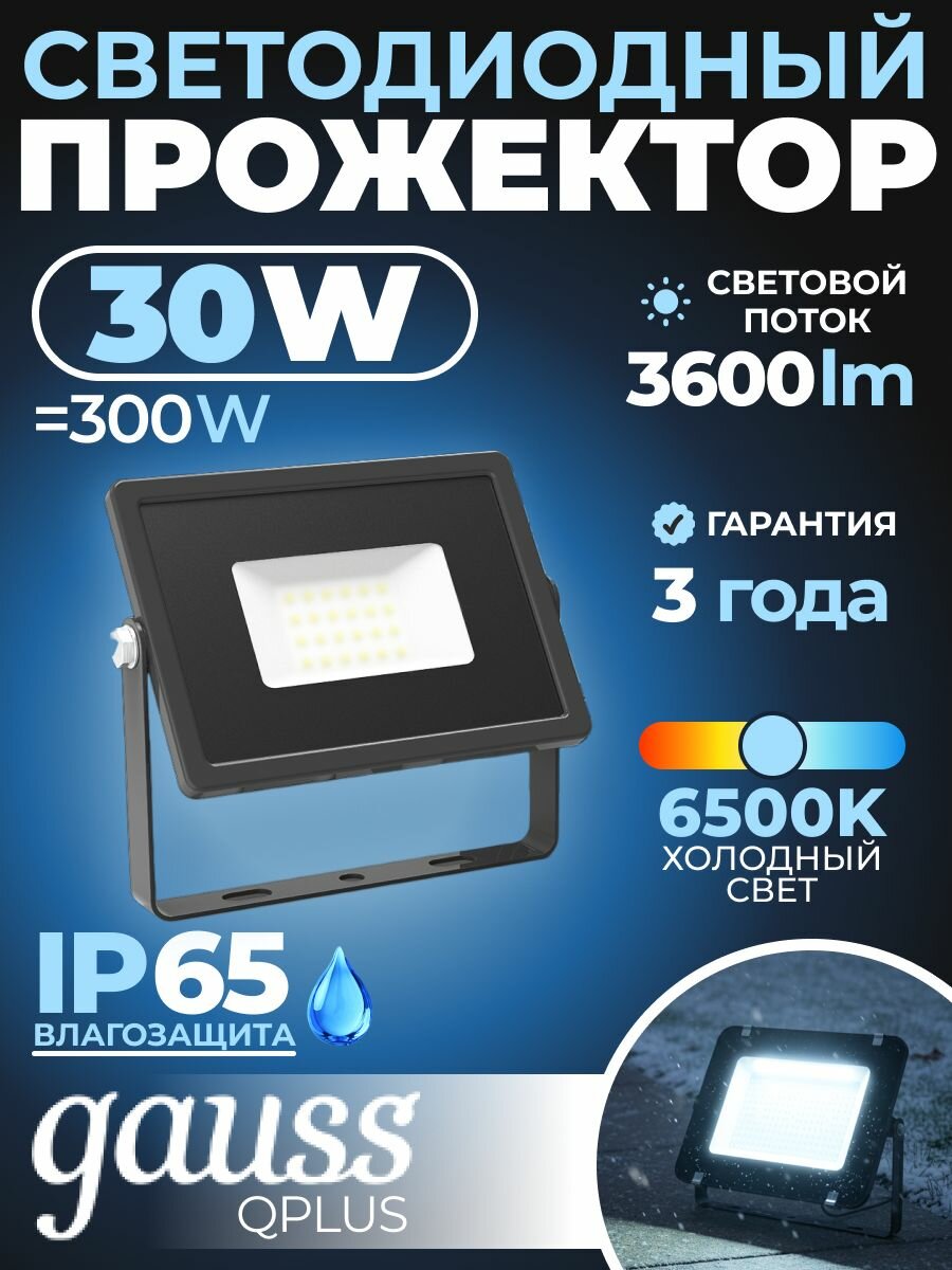 Прожектор Gauss Qplus 30W 3300lm 6500K 175-265V IP65 черный LED 1/10