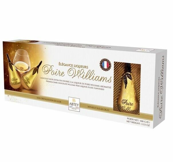 Конфеты ABTEY - ELEGANCE POIRE WILLIAMS 5 конфет из темного шоколада в форме мини-груш, с грушевым ликером /картон/ 100г