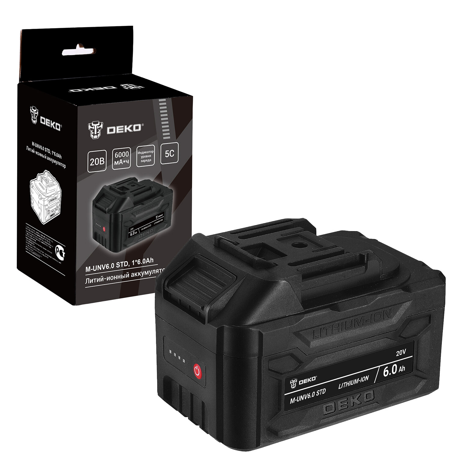 Аккумулятор DEKO UNV 6.0 STD, Li-ion, 20 В, 6.0 Ач, с индикатором заряда
