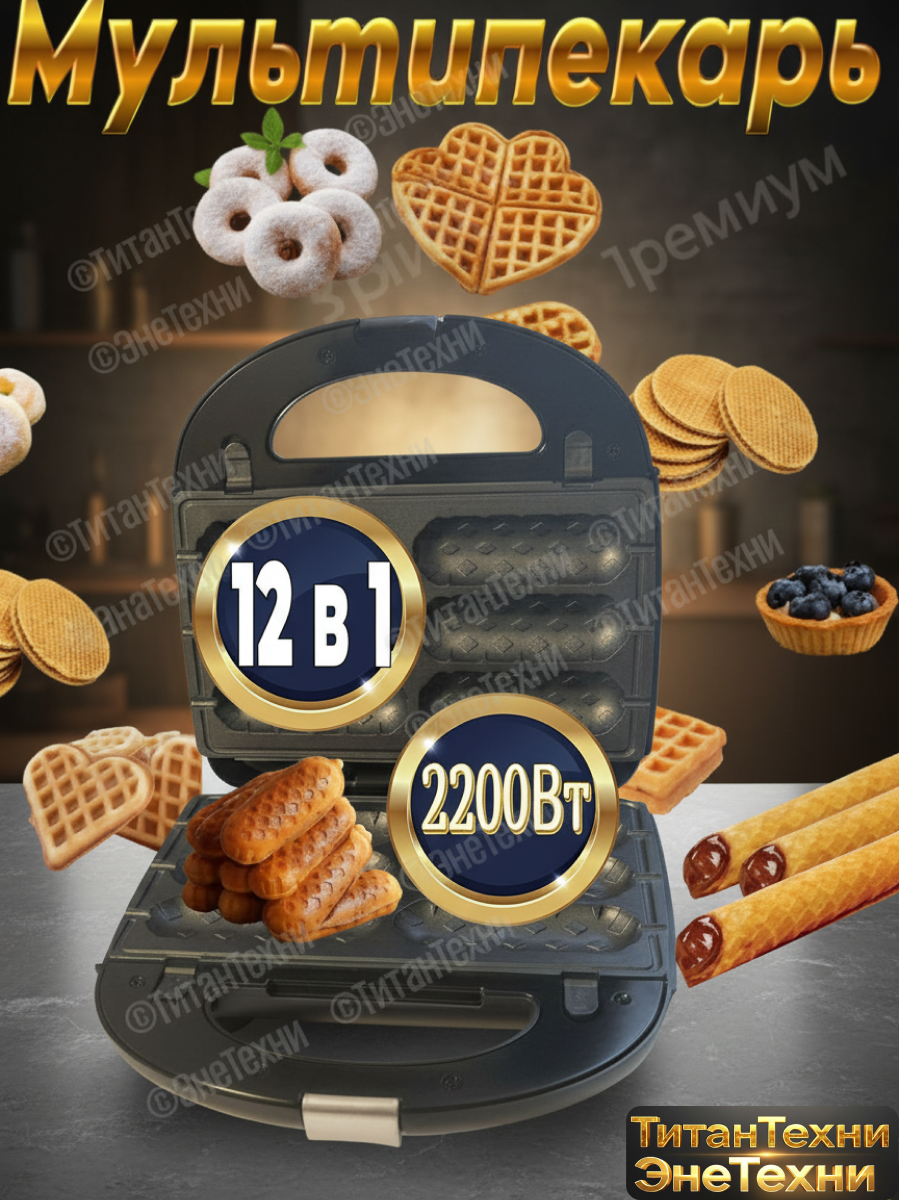 Тарталетница со сменными панелями для вафель, сосисочница, орешница, гриль, форма для печенья и пончиков, 2200Вт