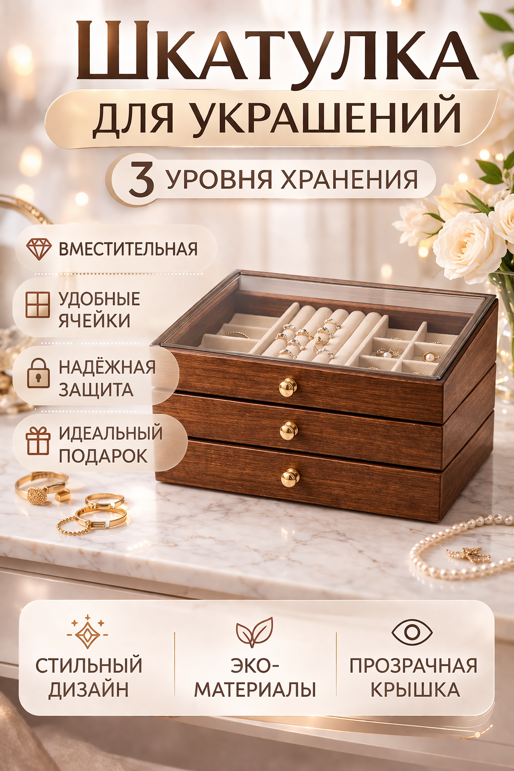 Шкатулка для украшений деревянная 3-уровневая с выдвижными ящиками и прозрачной крышкой