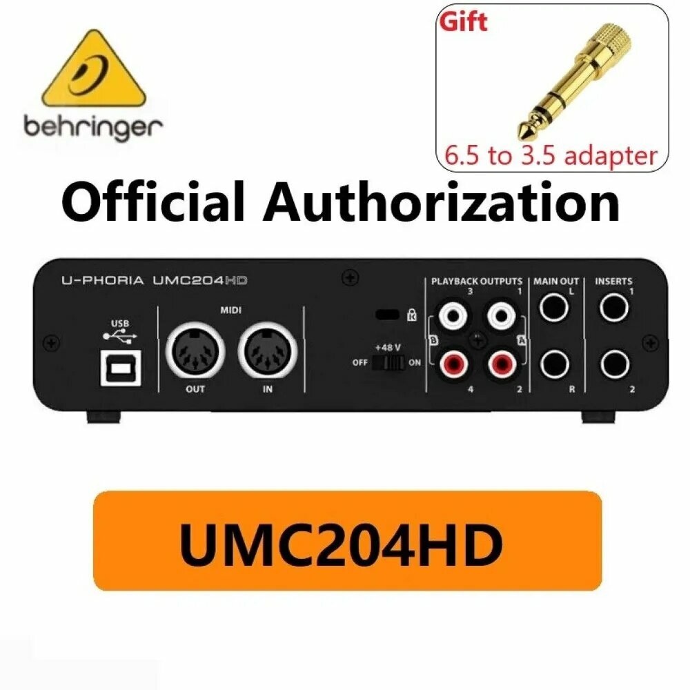 Behringer U-Phoria UMC204HD для аудиофилов, 2x4, 24-разрядный/192 кГц USB аудио/MIDI интерфейс с микрофонным предусилителем Midas