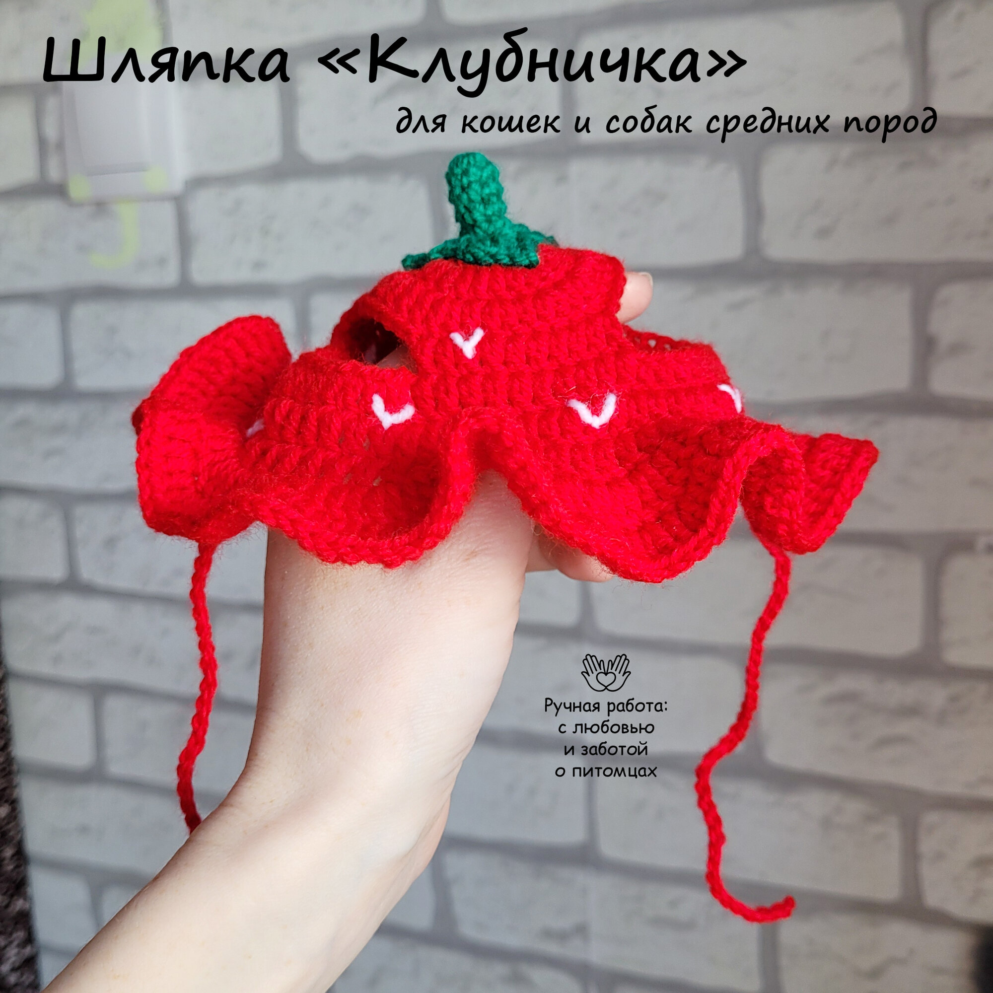 Шляпа "Клубника" для кошек и собак средних пород, ручная работа