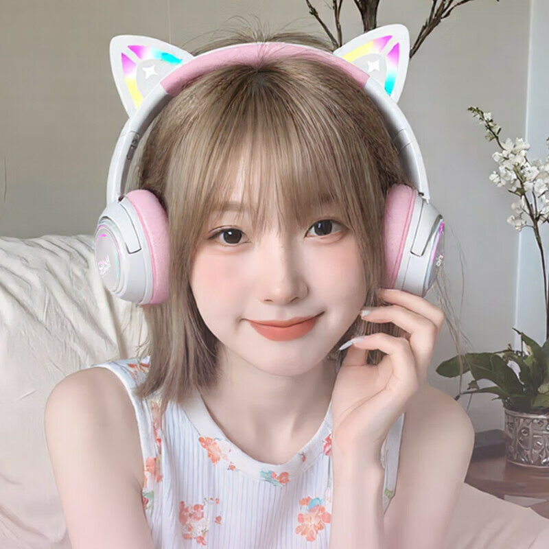 ONIKUMA Котячие уши беспроводные Bluetooth трирежимные наушники с шумоподавлением для игр с микрофоном Цвет：Белый и