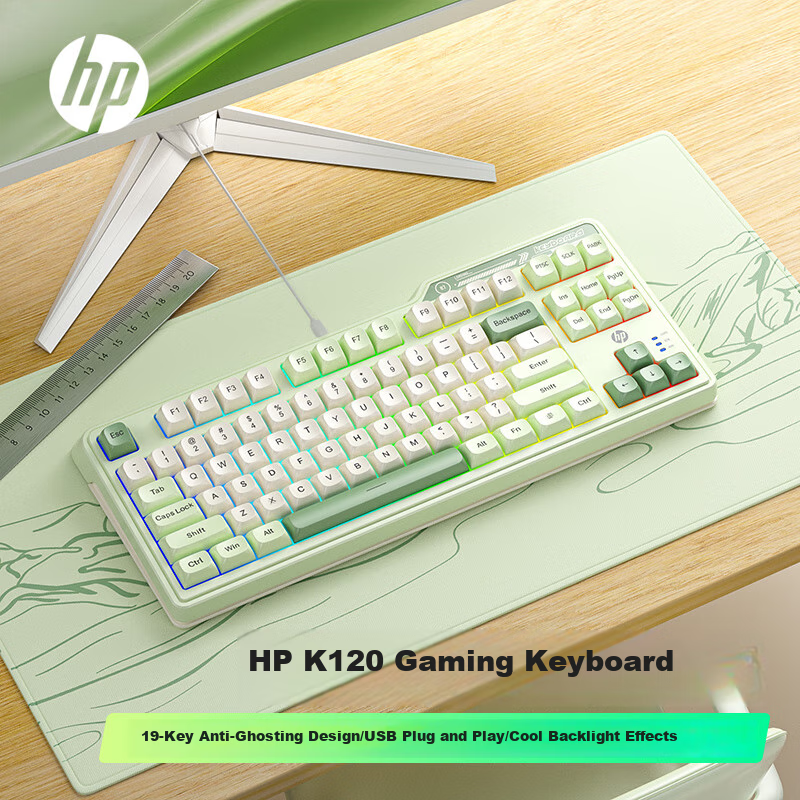 HP K120 Проводная игровая клавиатура с подсветкой 87 клавиш зеленый трихромный свет Windows мембранный тип Цвет：Зеленый