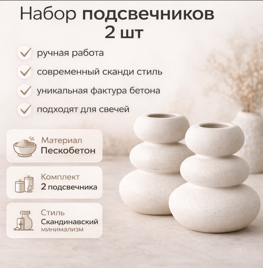 Подсвечники декоративные из бетона набор 2 шт, подсвечник для свечей, декор для интерьера
