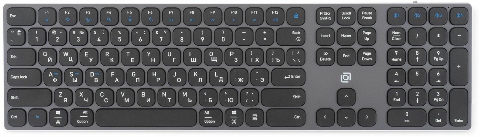 Клавиатура Oklick серый, черный, USB, беспроводная, BT Radio, Slim, Multimedia (2002130)