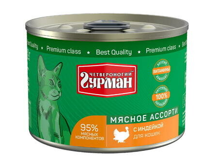 Четвероногий гурман 6 шт по 190 г влажный корм для кошек мясное ассорти с индейкой