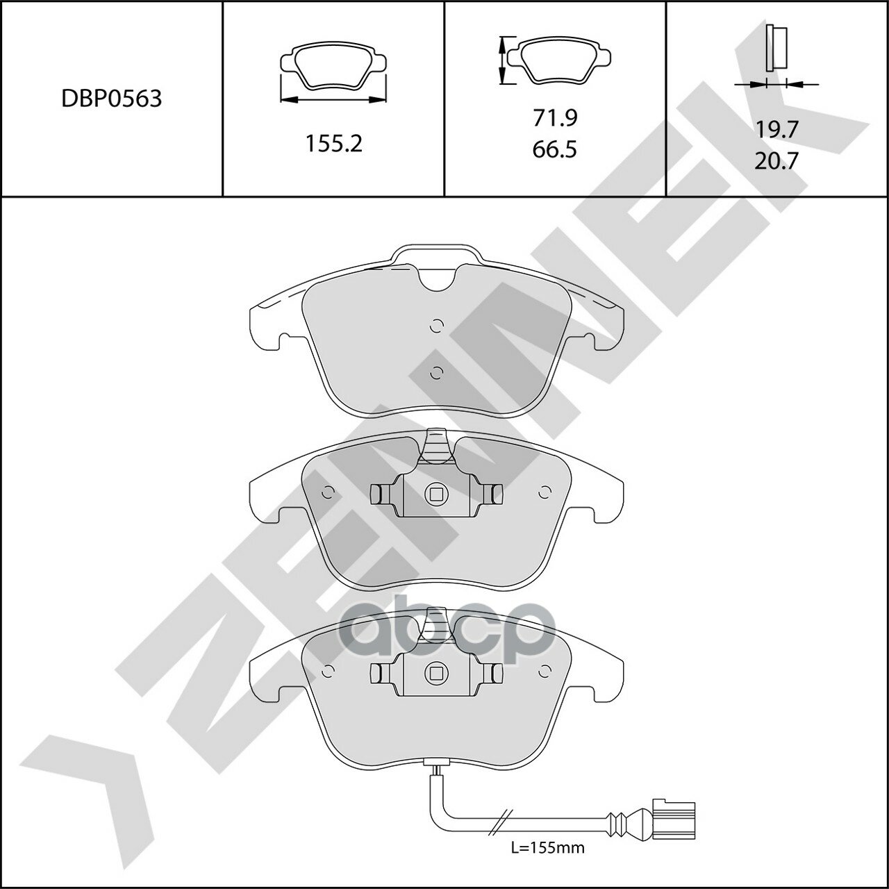 Колодки тормозные передние AUDI Q3 13>, SHARAN 10>, PASSAT B7 11>, TIGUAN 07-18 ZENNEK арт. DBP0563