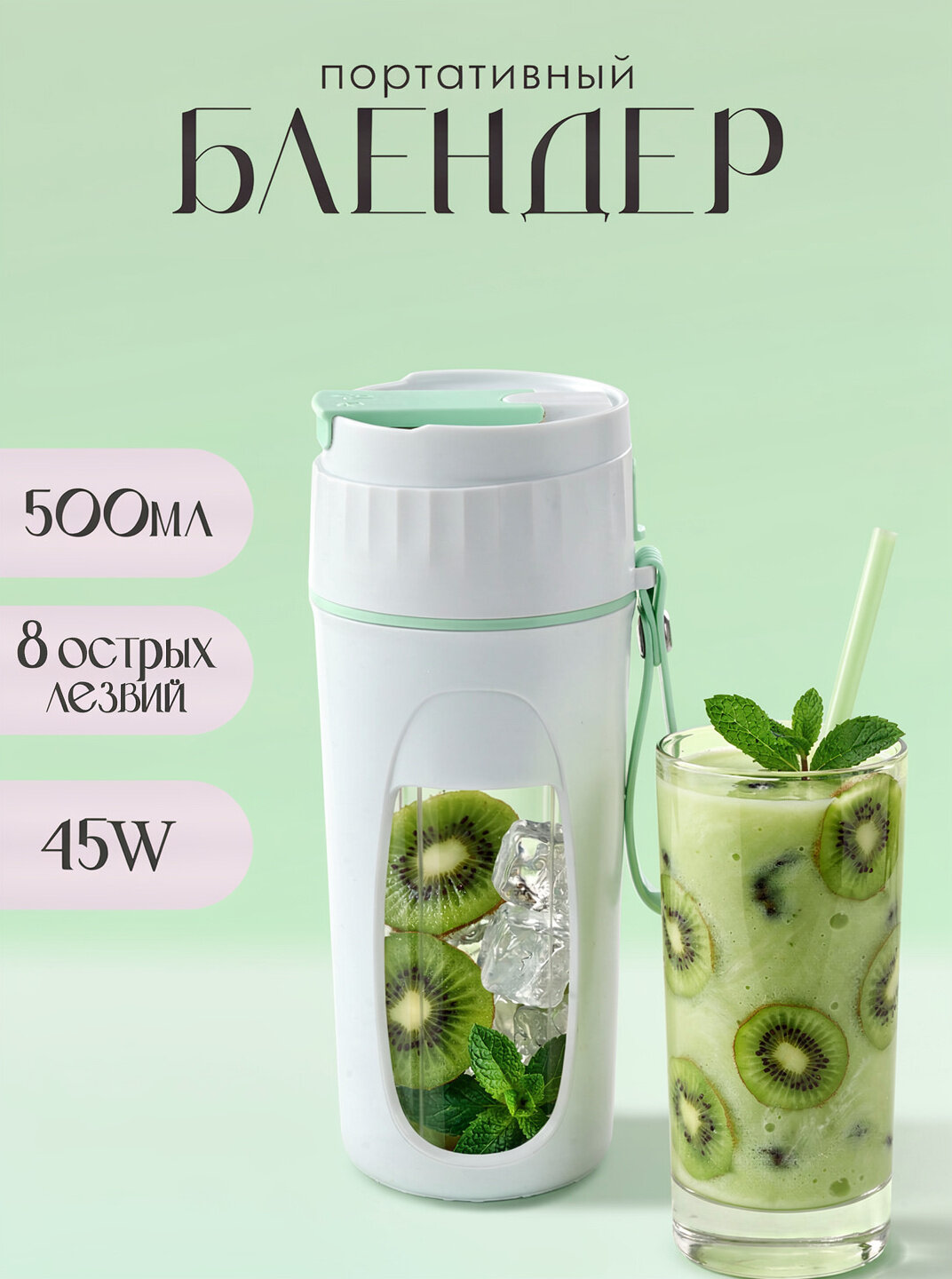 Портативный блендер беспроводной для смузи и коктейлей 500мл, мини блендер стакан-измельчитель, в подарок