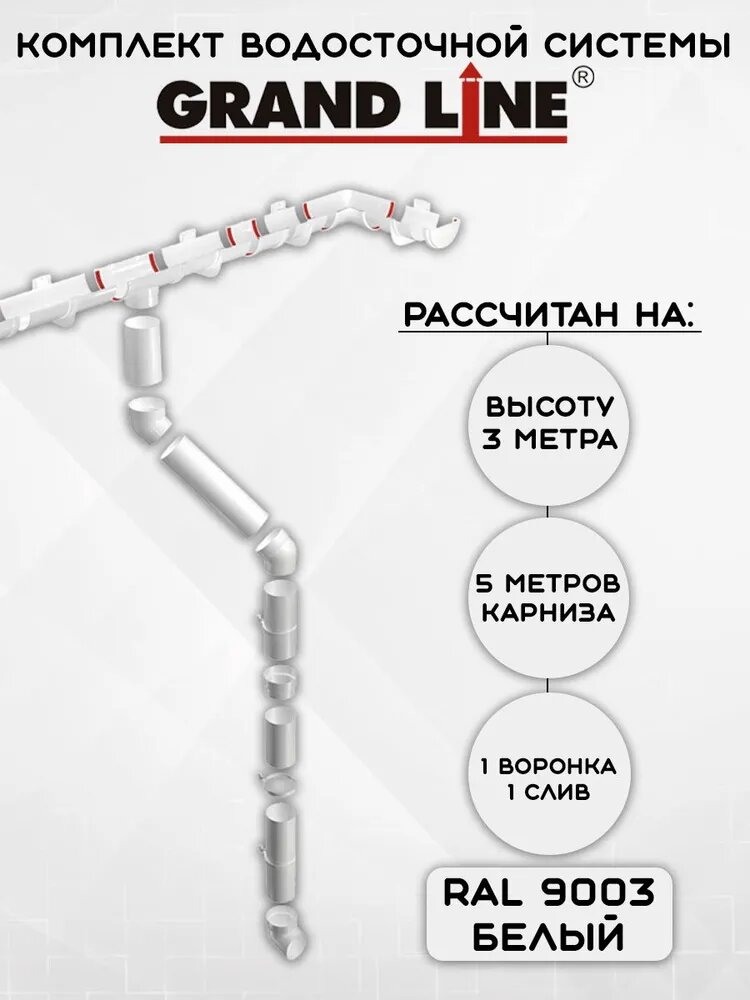 Комплект водосточной системы Grand Line 5 метров пломбир (120мм/90мм) водосток для крыши пластиковый Гранд Лайн белый (RAL 9003)
