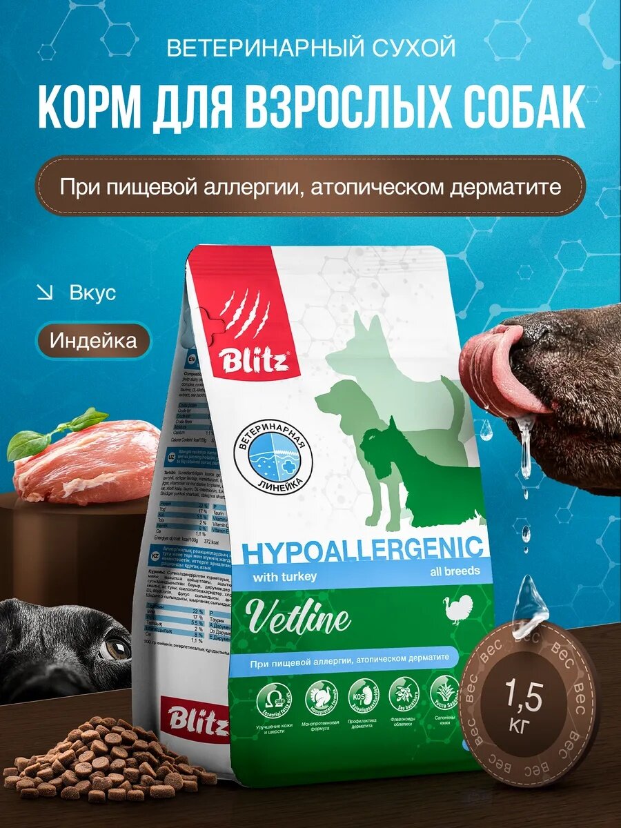 Сухой корм Blitz Dog Vetline Hypoallergenic, для собак, диетический, 1.5 кг