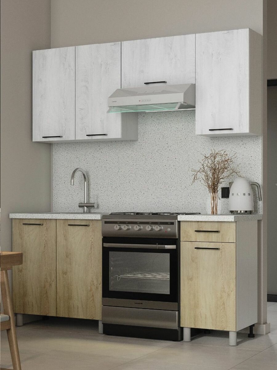 Кухонный гарнитур (кухня) Палермо 1.8 м с окапом, ЛДСП/МДФ, Белый/Дуб Остин Серый/Дуб Остин Бежевый, 1800х2160х430, тэкс