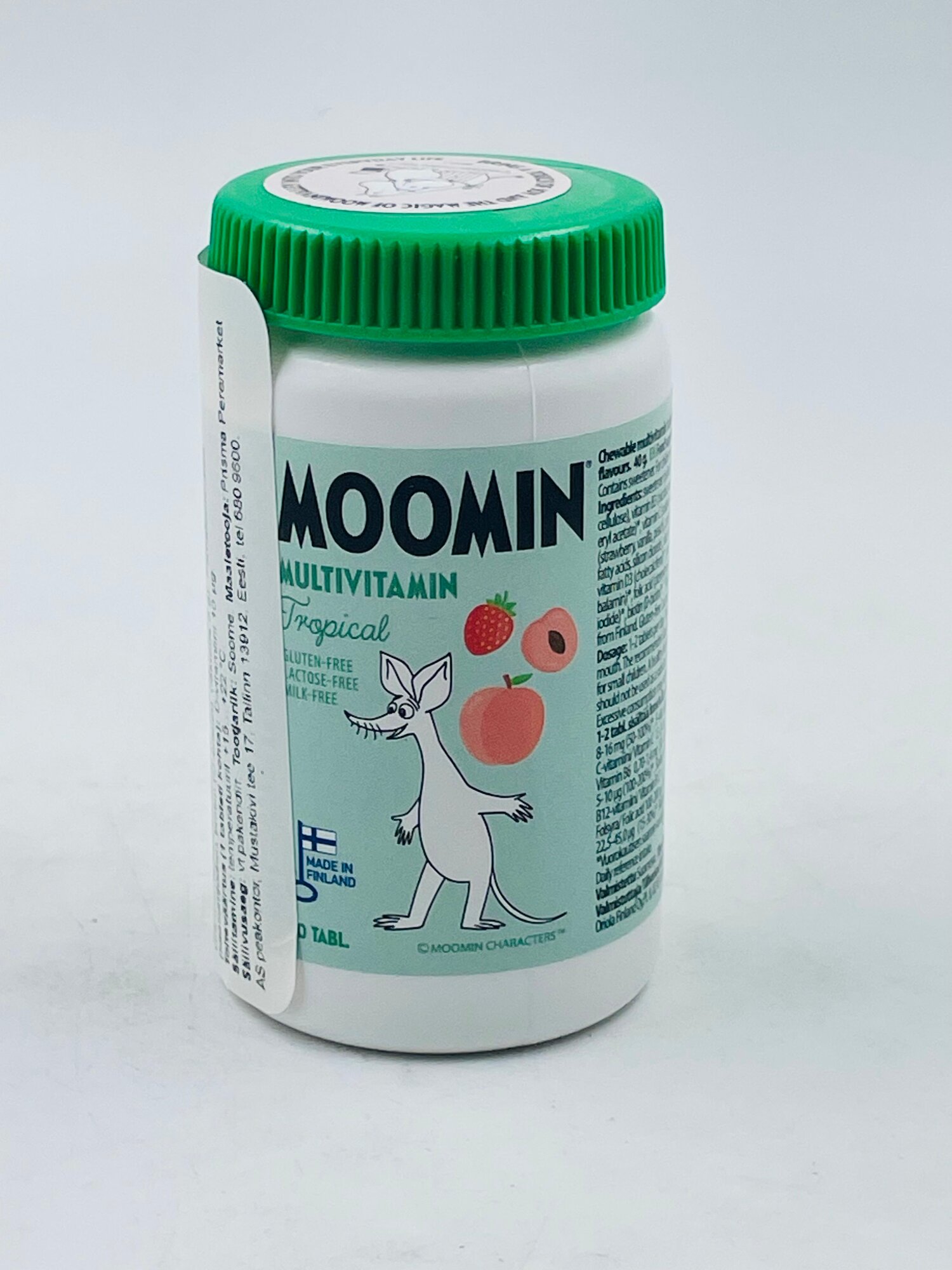 Пастилки Moomin Tropical, жевательные, с витаминами, 3+ лет, клубника/персик, 90 пасилок в банке