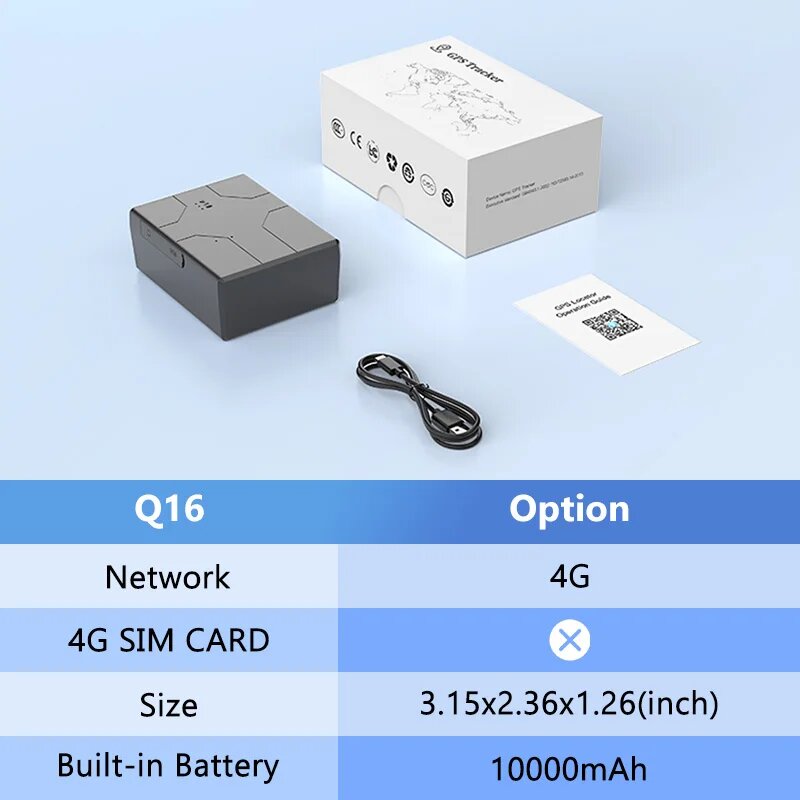 Q16 GPS трекер 4G, 10000mAh, 3.15x2.36x1.26 дюймов