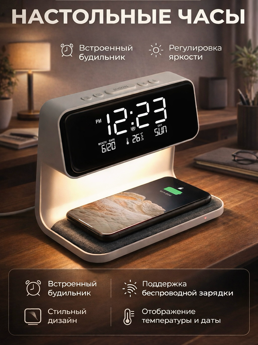 Часы настольные с беспроводной зарядкой и будильником, электронные