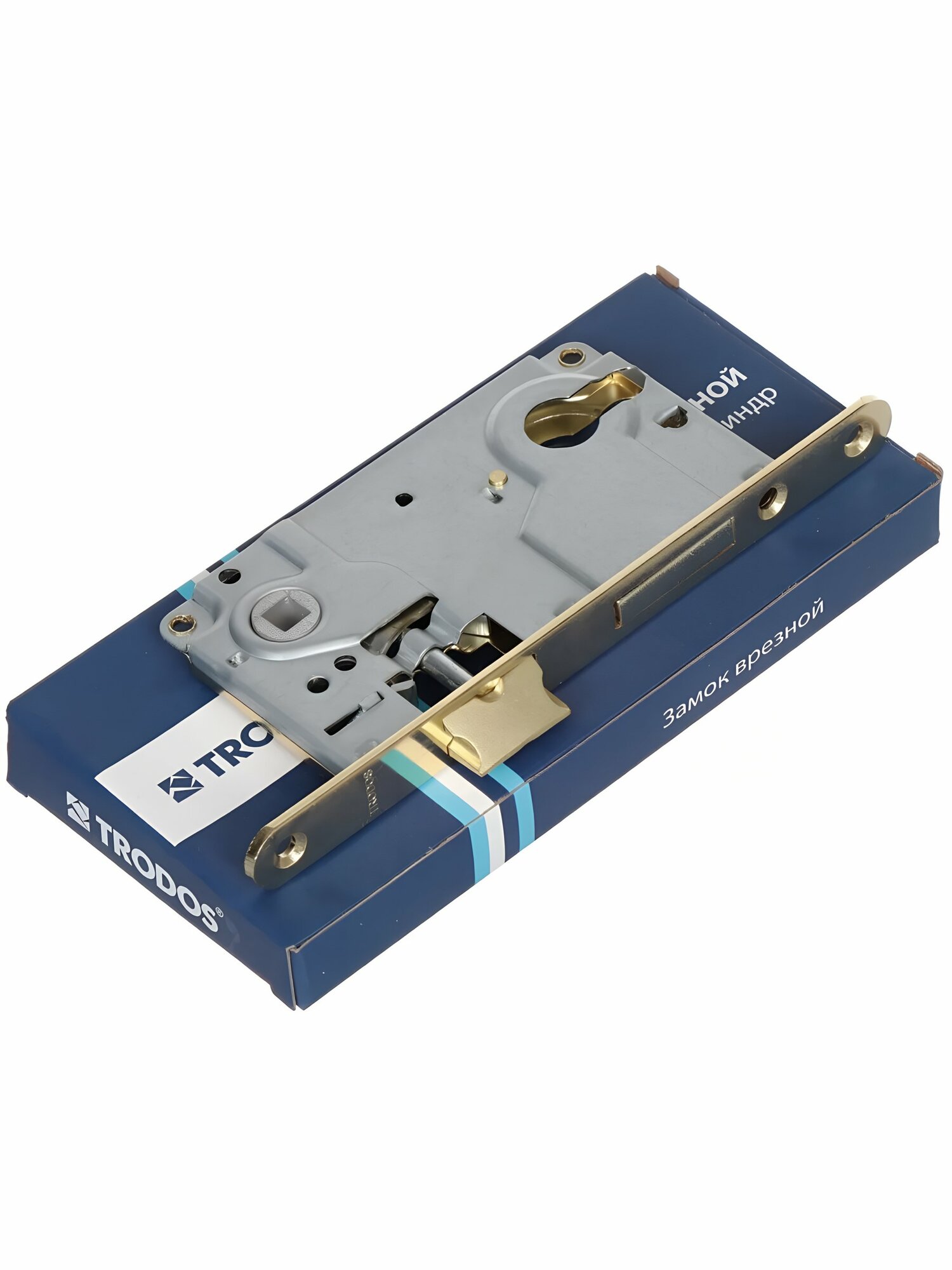 Замок врезной Trodos 85R1 PB, цилиндровый, золотой, межосевое расстояние 85 мм, артикул 202169, надежная фурнитура для дверей.