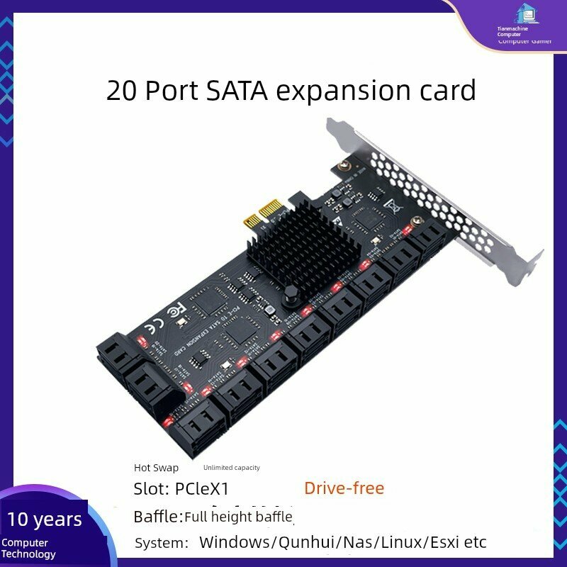 Карта расширения SATA 20 портов с подключением без драйверов для NAS, ESXi и BlackGrouper корпоративных систем хранения