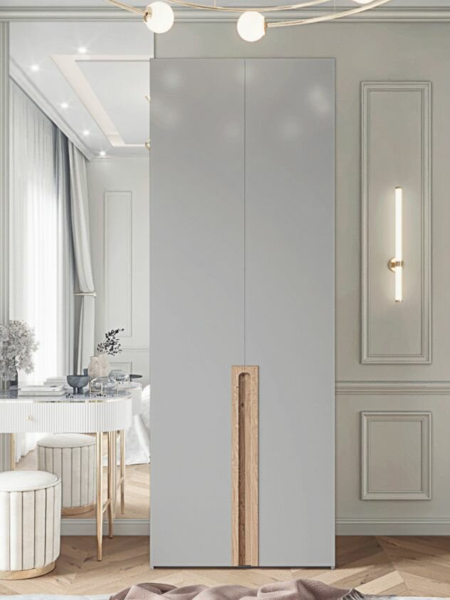 Casa Mia 80х60х210 см. Дизайнерский шкаф в детскую комнату распашной,2-дверный с 2 штангами, серый, ручка из массива дуба