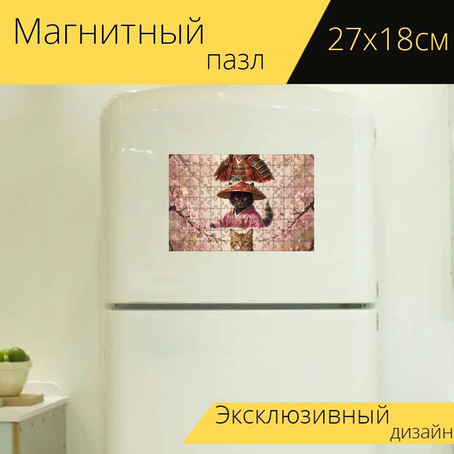 Магнитный пазл "Коты в японских кимоно среди сакуры. Три кошки в восточных нарядах на фоне цветущей вишни, мягкая пастельная палитра, нежная иллюстрация." на холодильник 27 x 18 см.