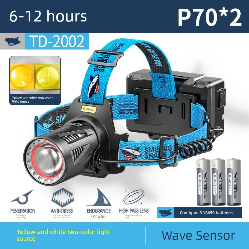 TD-2002 Двухцветный желто-белый источник света, жестовый контроль, налобный фонарь с 3 батареями 18650