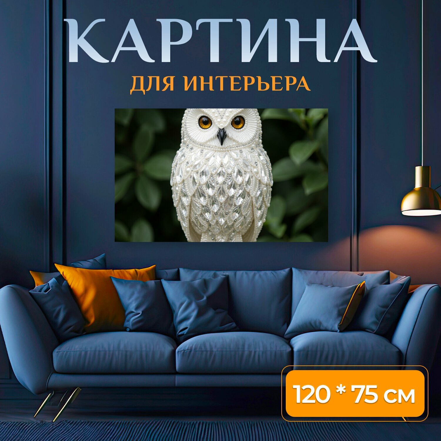 Картина на холсте "Декоративная сова из бисера. Изящная птица ручной работы с белоснежными перьями, жемчужными и стеклянными деталями." на подрамнике 120х75 см. для интерьера