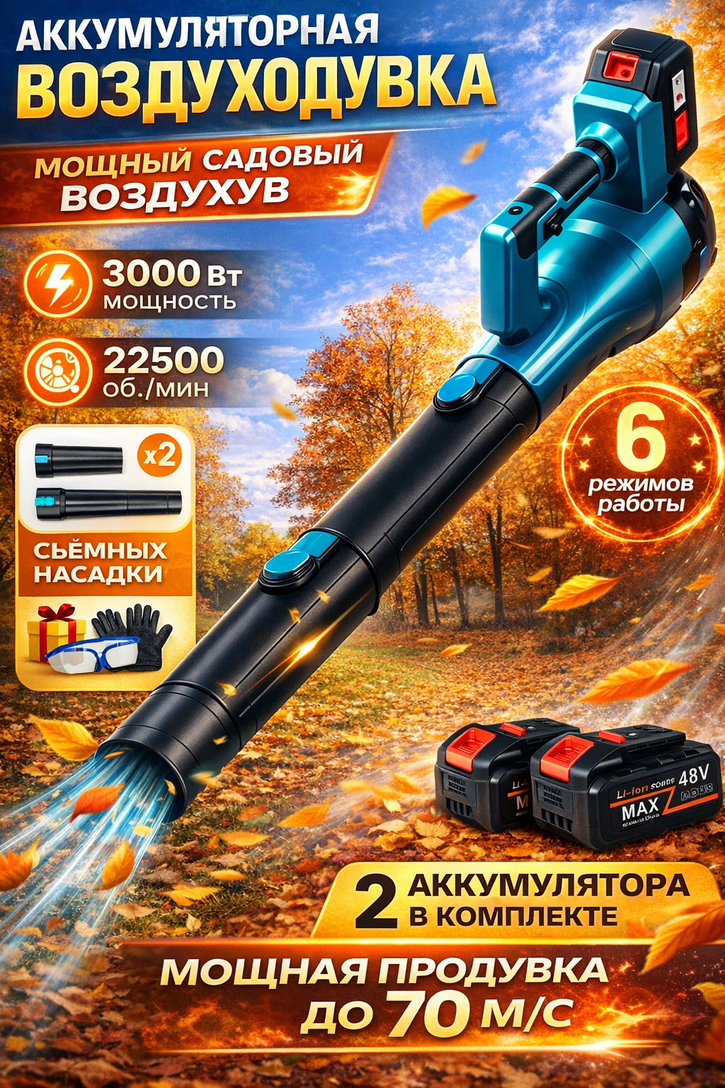 Аккумуляторная садовая воздуходувка, 6 уровней мощности, 2 аккумулятора, синяя