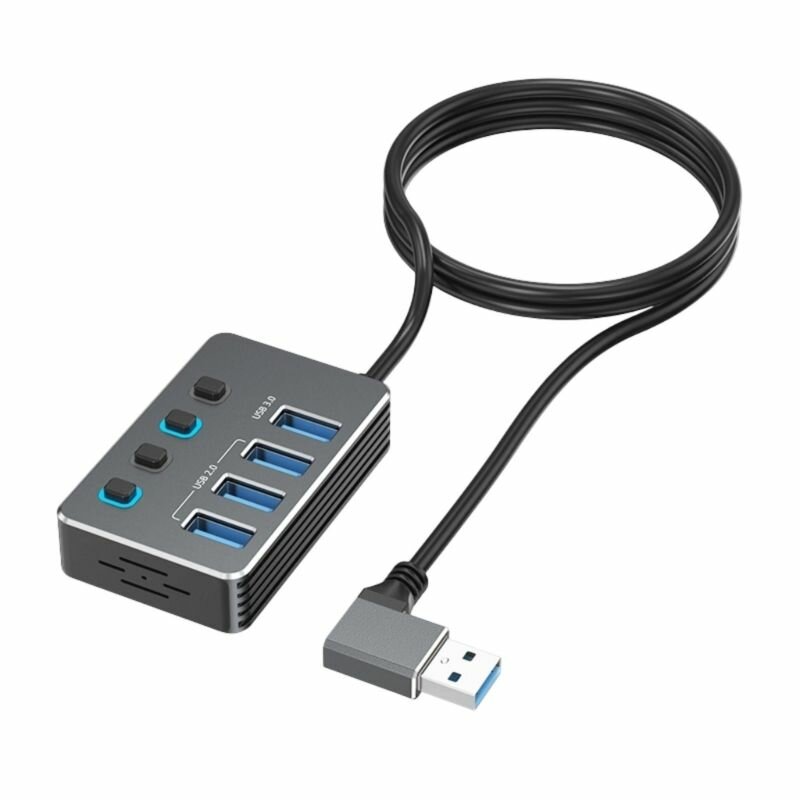 (1 шт.) Алюминиевый 4-портовый концентратор с независимыми выключателями (1xUSB 3.0 + 3xUSB 2.0) 30 см, изгиб влево