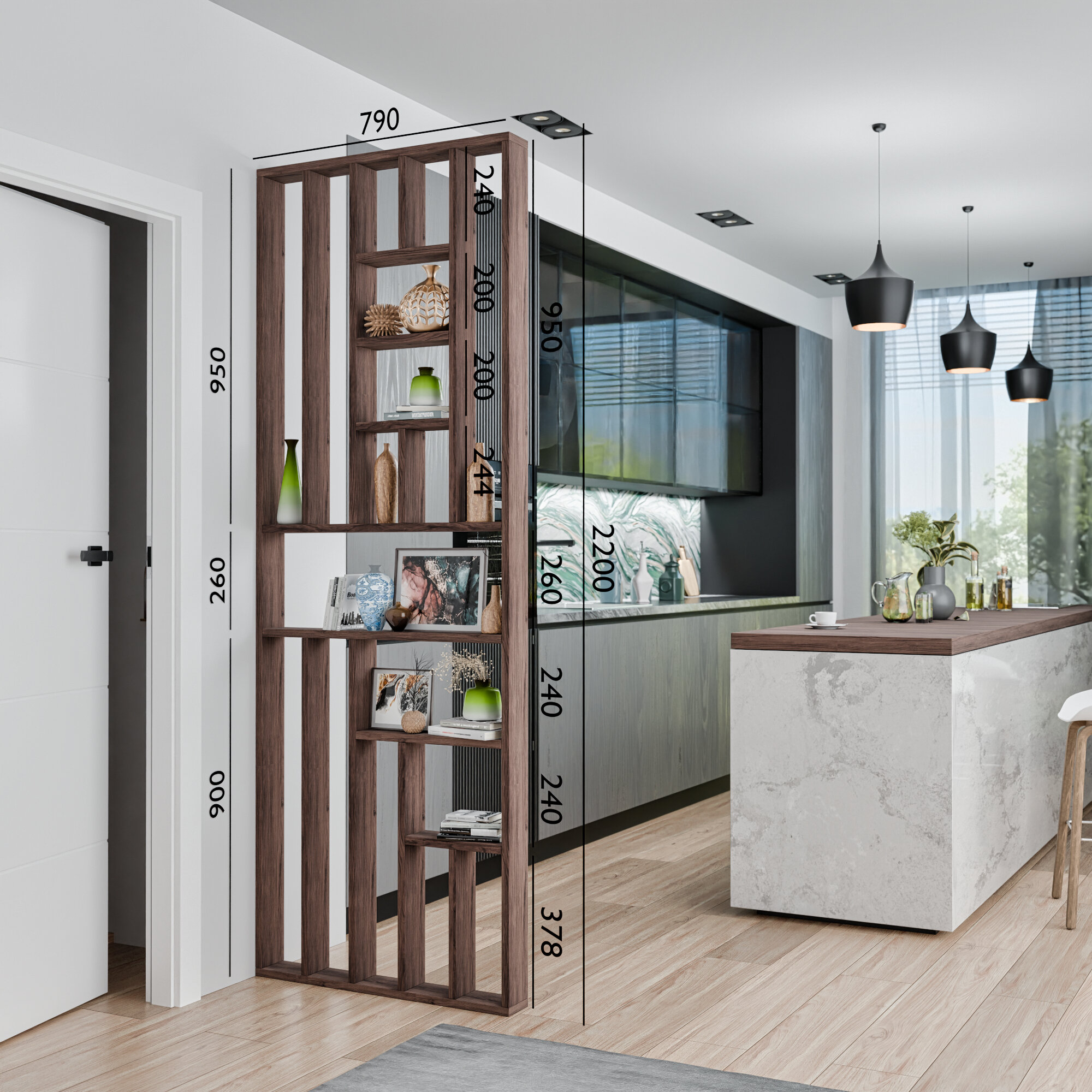 Реечная перегородка с полками, стеллаж для зонирования 790 мм, Дуб Катания