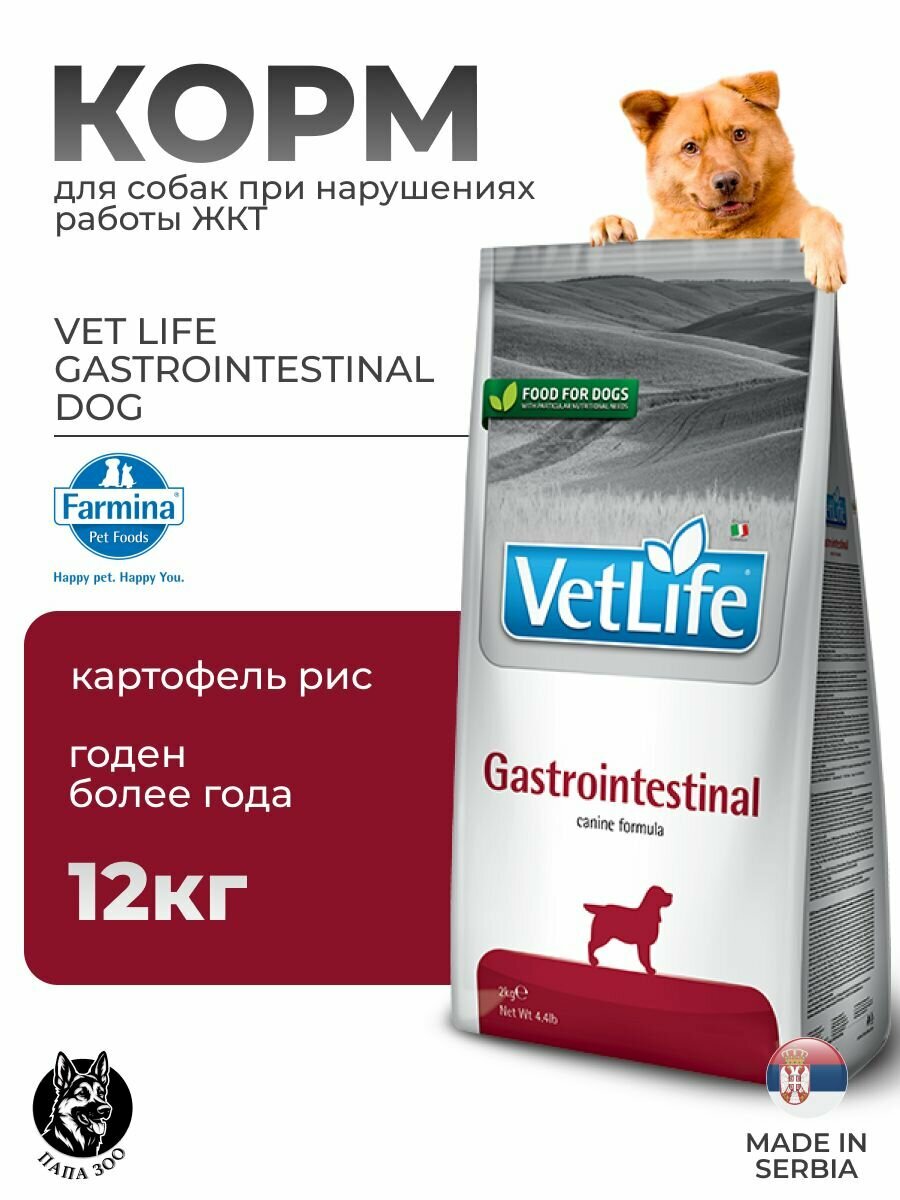 Корм сухой ВетЛайф, для собак при нарушениях работы ЖКТ- 12 кг