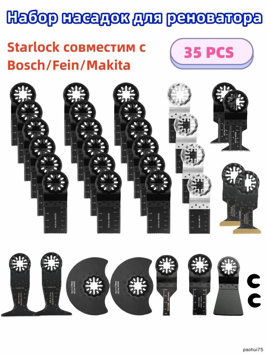 Набор насадок для реноватора, Starlock совместим с Bosch/Fein/Makita, 35 шт-haidetianfu
