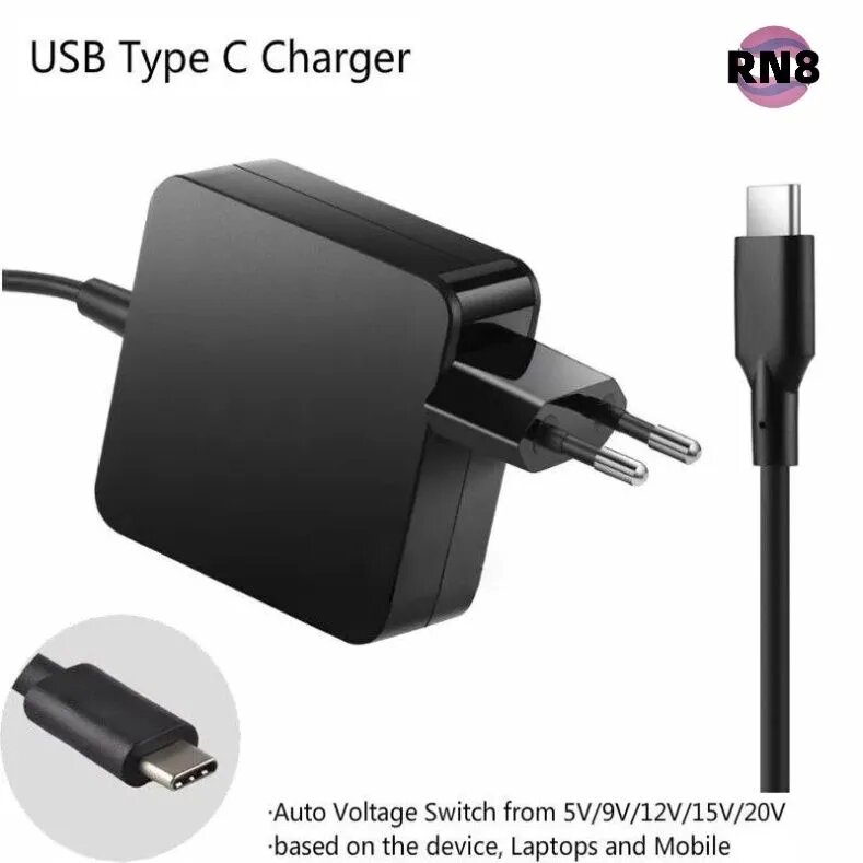 Сетевой блок питания 65W с кабелем USB Type C, быстрая зарядка QC3.0 PD, для Яндекс Станция 2, ноутбуков и смартфонов, черный — фото 1