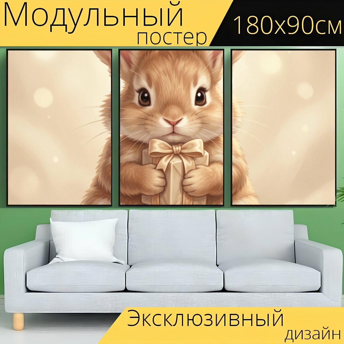 Модульный постер "Зайчонок с подарком. Милый пушистый кролик с большим бантом держит коробочку на светлом размытом фоне. Нежная." 180 x 90 см. для интерьера на стену в тубусе