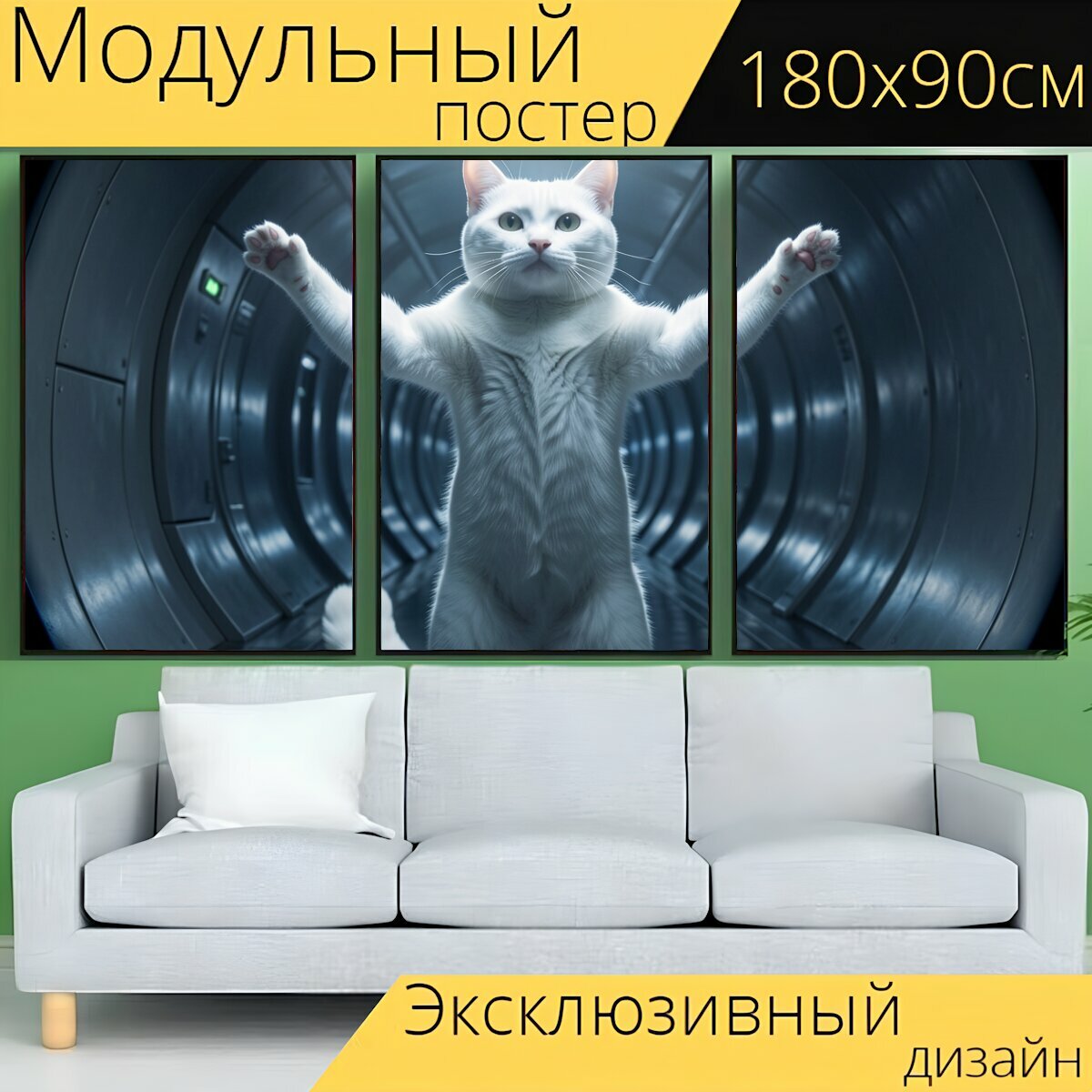 Модульный постер "Белый кот в футуристическом тоннеле. Светлый пушистый кот стоит в металлическом коридоре с поднятыми лапами под." 180 x 90 см. для интерьера на стену в тубусе