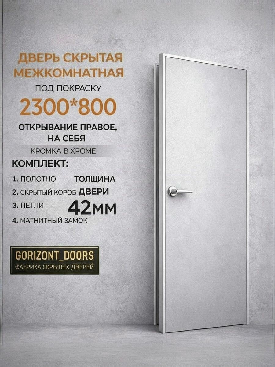 Скрытая межкомнатная дверь комплект INVISIBLE на себя, петли справа 800х2300 хром кромка