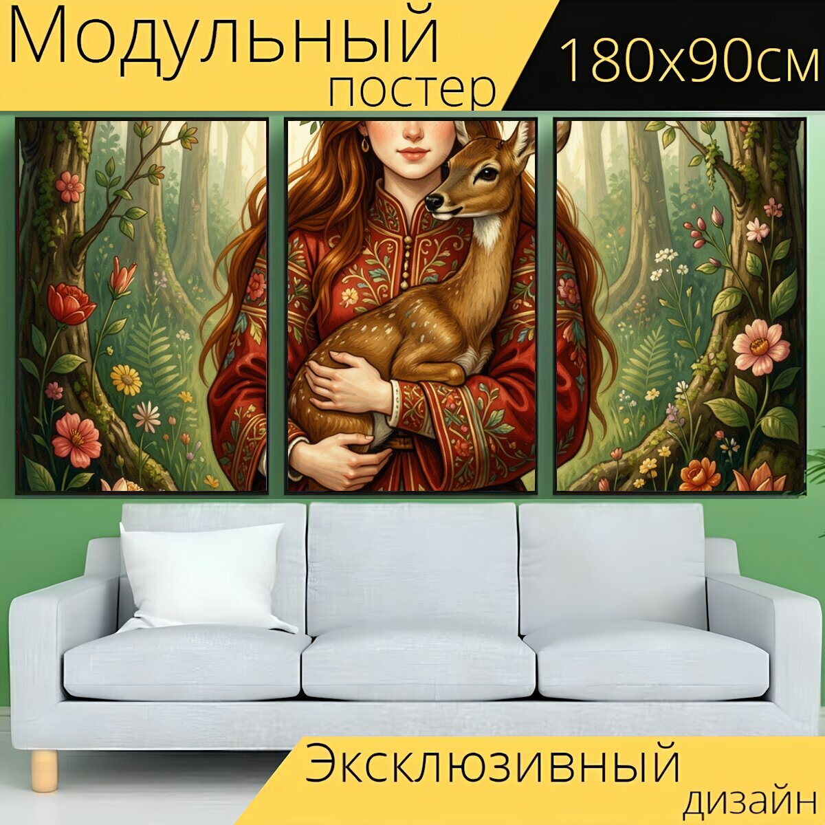Модульный постер "Девушка с оленёнком в лесу. Сказочная славянская красавица в красном вышитом наряде с цветочным венком бережно." 180 x 90 см. для интерьера на стену в тубусе