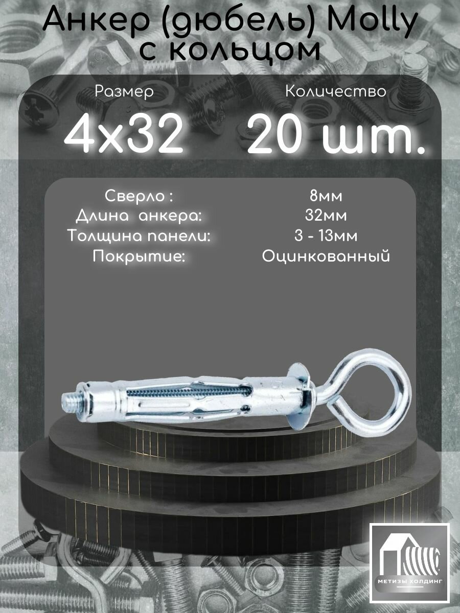 Анкер Молли 4х32 (Дюбель) кольцо для гипсокартона и листовых материалов, 20 шт.