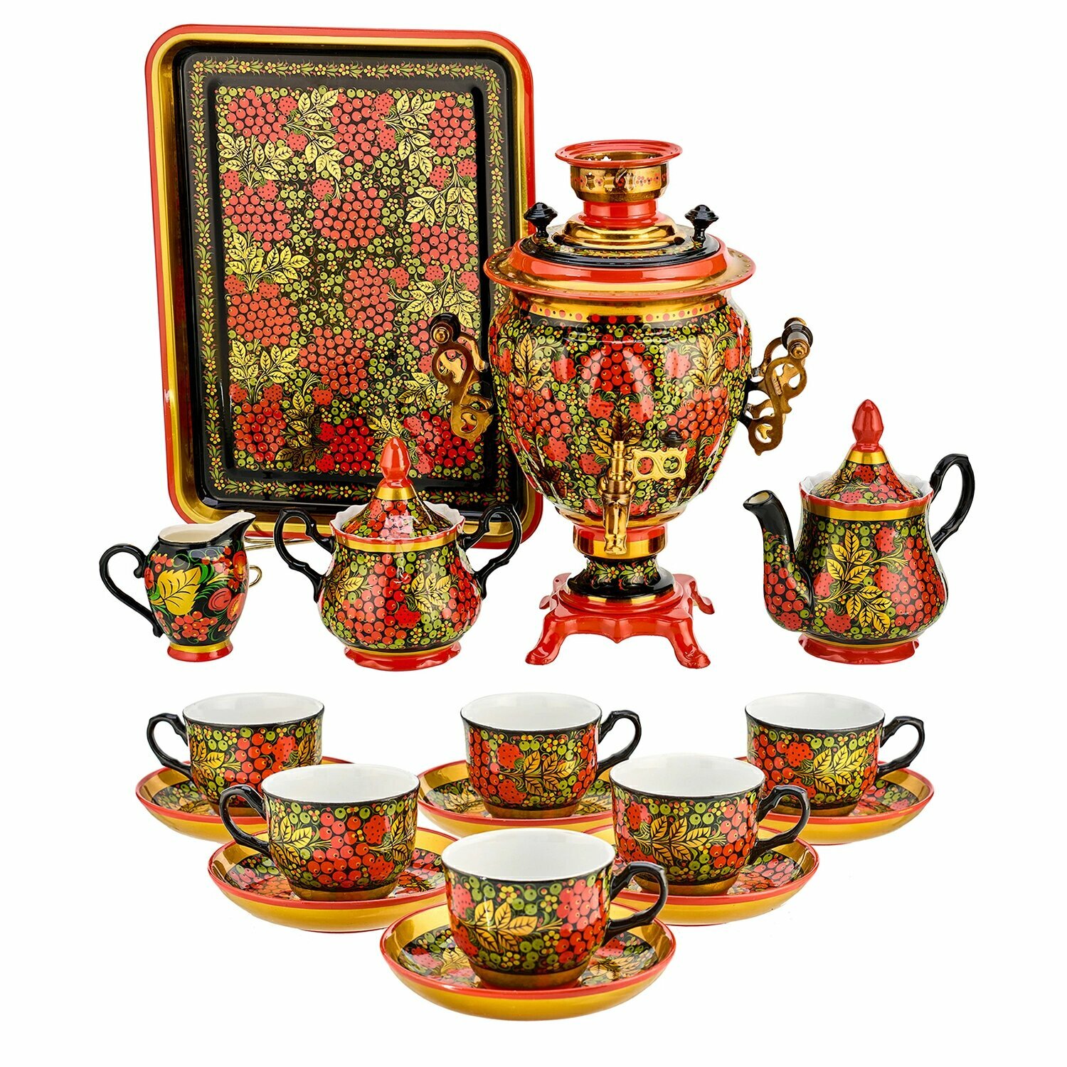 301509 Хохлома, Самовар с Сервизом "Рябина" на 6 персон