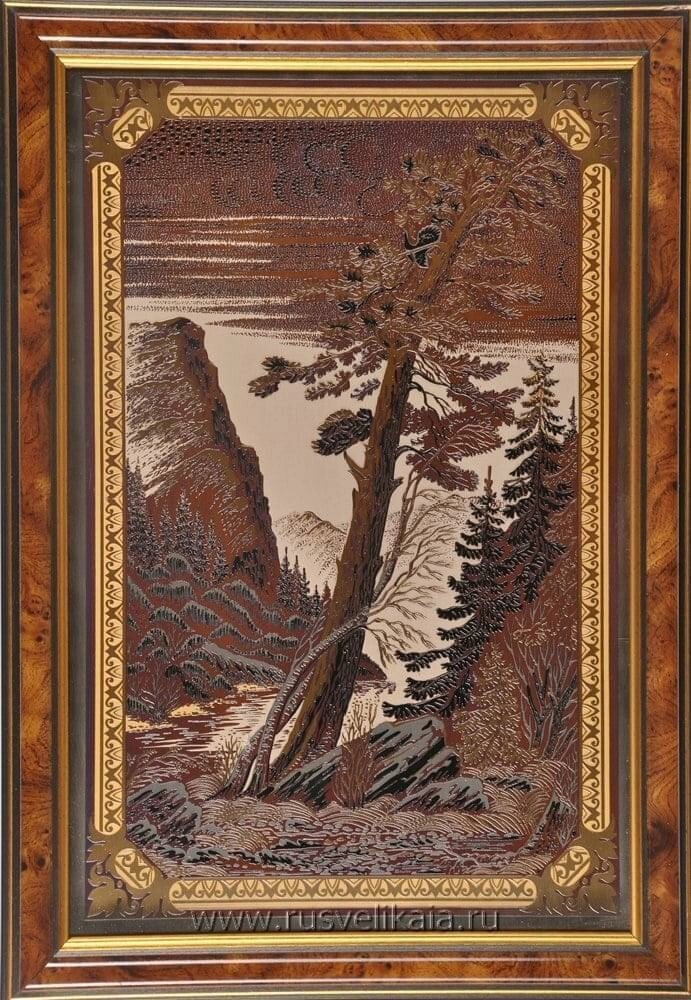 10057 Златоуст гравюра "сосна" в раме 1184 (0818)