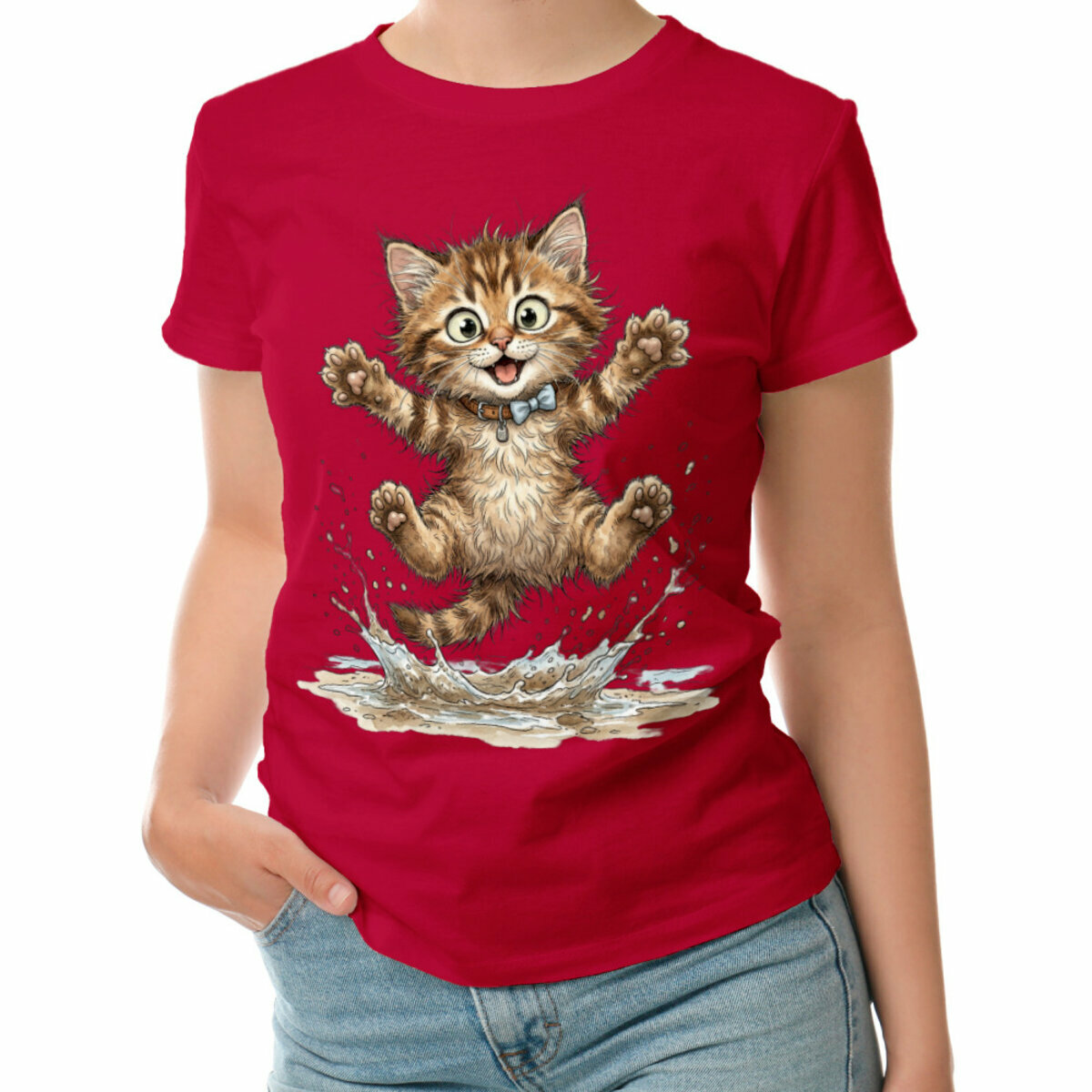 Женская футболка «Прыгающий котенок в брызгах. Для любителей кошек» (красный, XL)