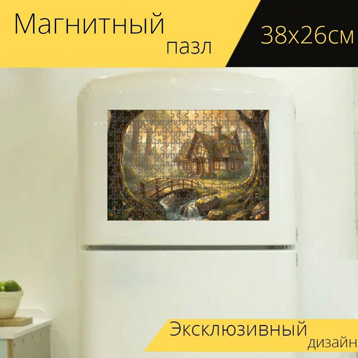 Магнитный пазл "Сказочный домик в лесу. Уютный лесной пейзаж с домом под мшистой крышей, деревянным мостиком и ручьём с водопадом. Тёплый солнечный свет." для интерьера, 38х26 см.