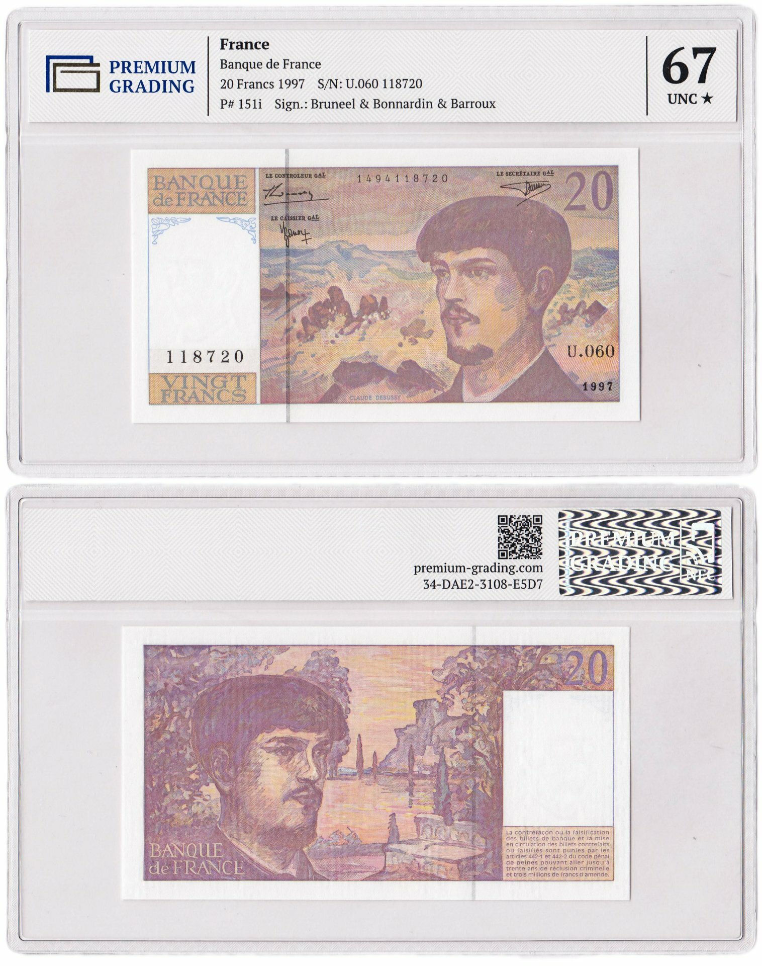 Франция 20 франков 1997 в слабе PG UNC67
