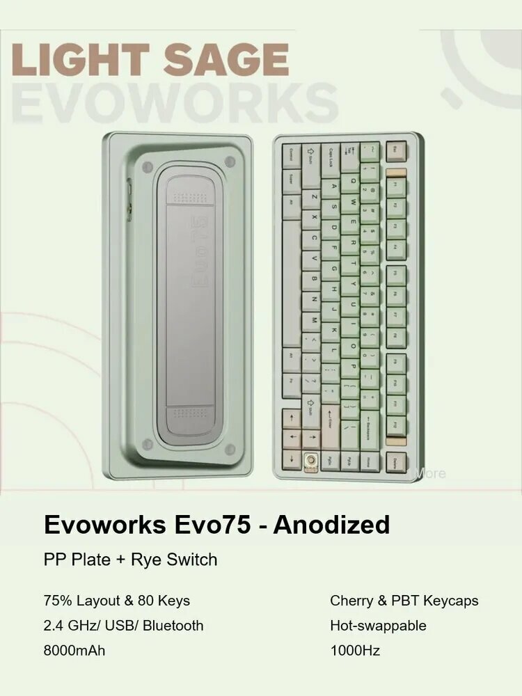 EVOWORKS Клавиатура беспроводная Evo75, PP Plate + Rye Switch, Английская раскладка, светло-зеленый, хаки